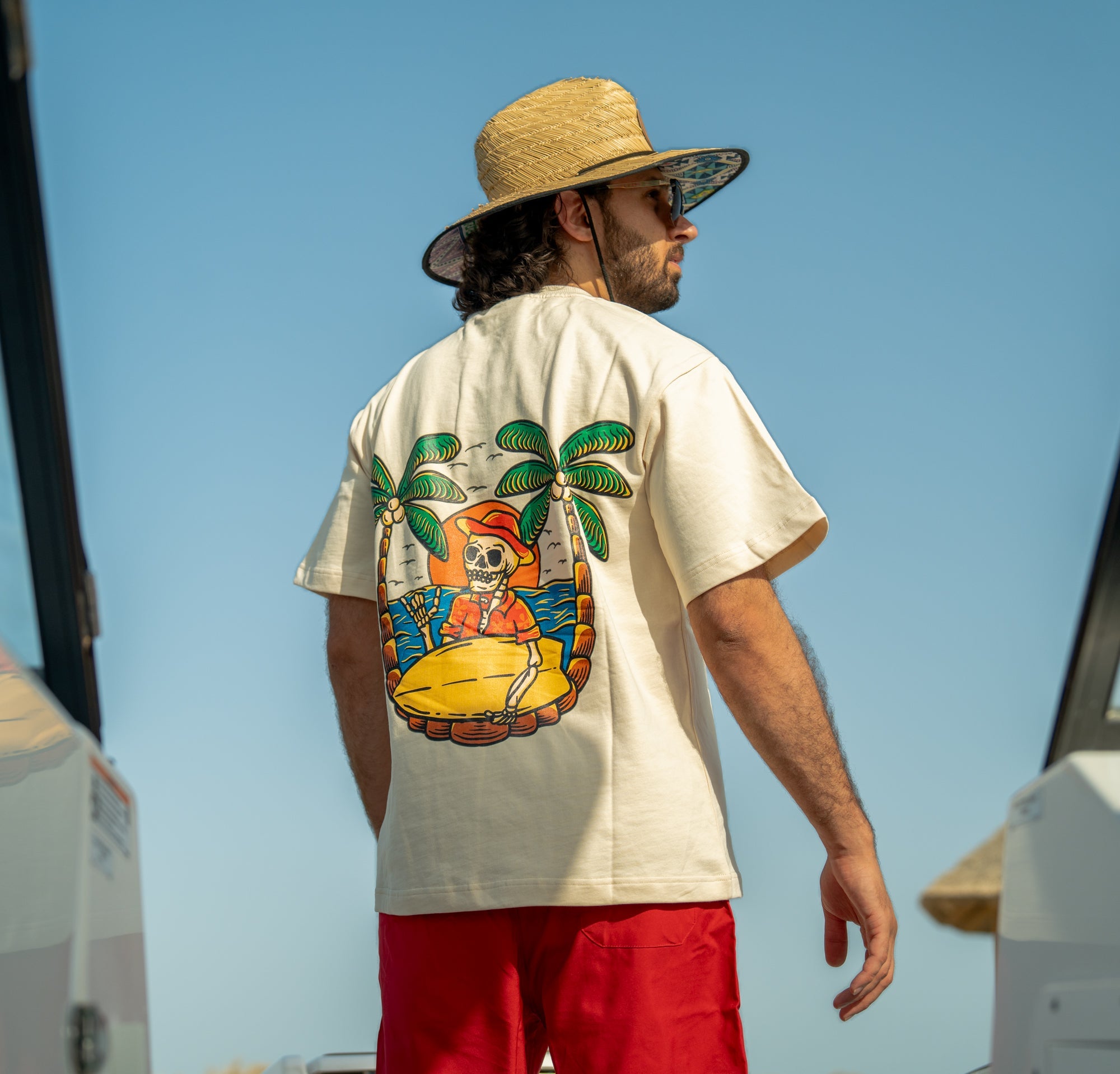 Buy Cream Oversized T-Shirt – Surfer Skeleton Palm Tree Print | Varkomz ...